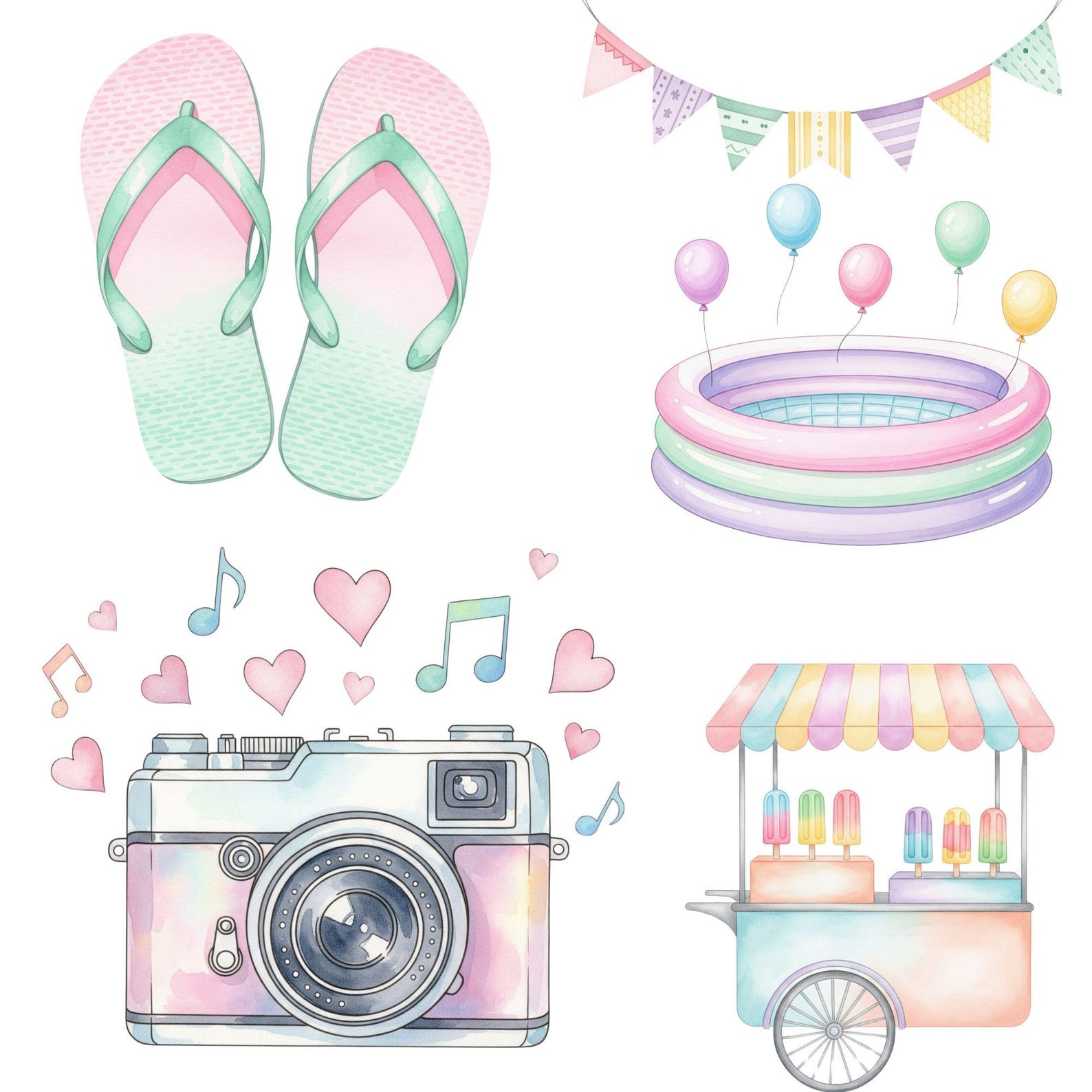 Pool Party Clipart, Cute Watercolor Pastel Summer Clipart for Kids, Ice ...