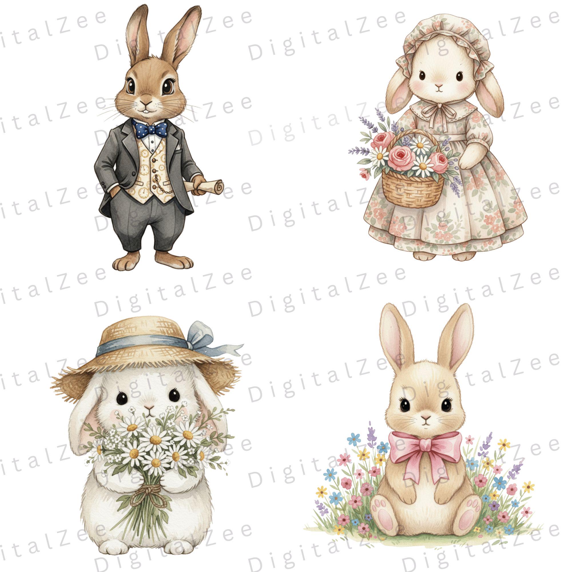 Vintage Bunny Clipart, Easter Bunny Clipart, Watercolor Bunny PNG ...