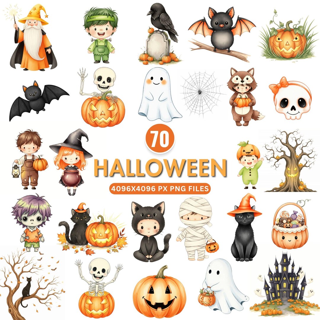 Cute Halloween Clipart, Halloween Ghost Clipart, Watercolor Pumpkin PNG ...