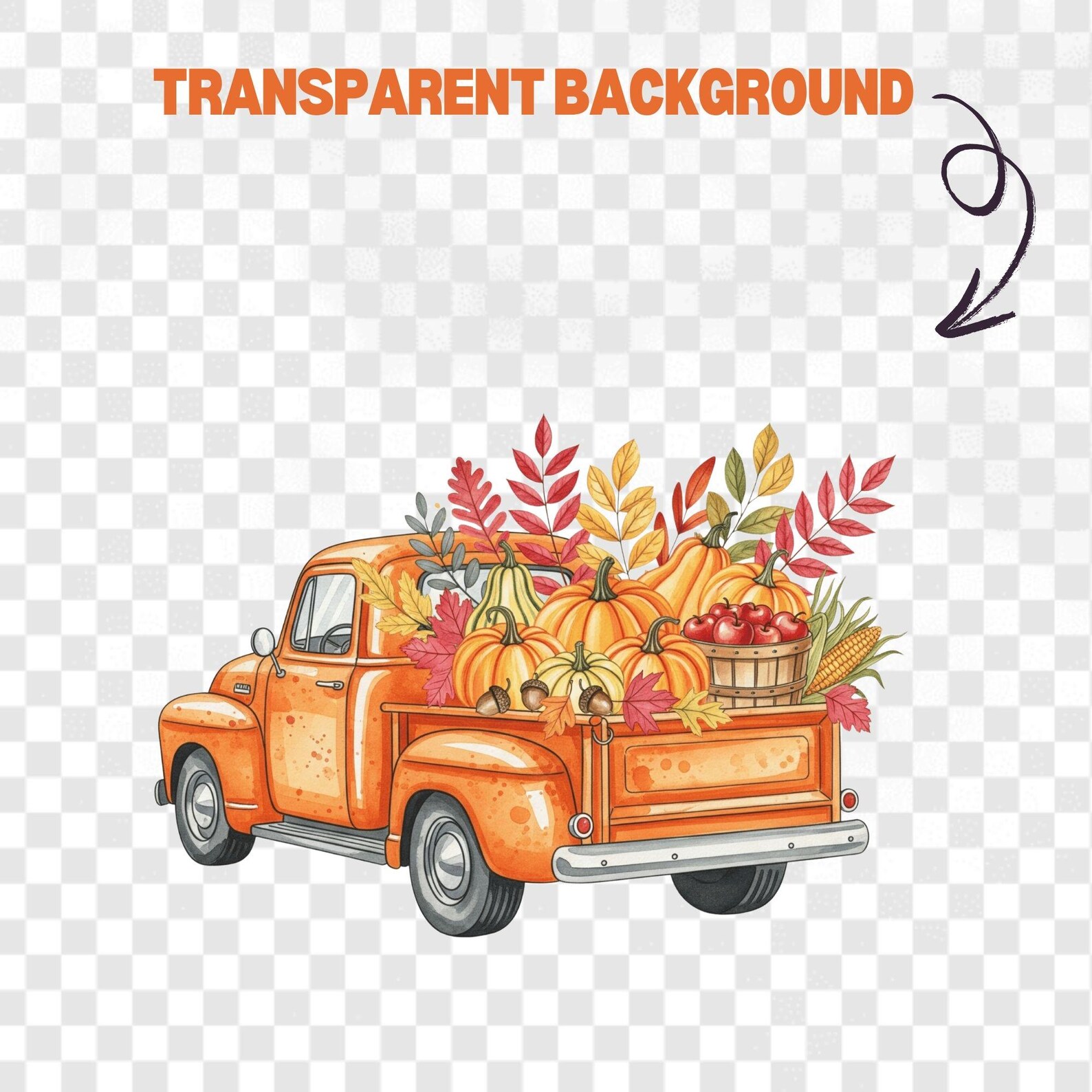Watercolor Fall Truck Clipart, Pumpkin Truck PNG, Vintage Farmhouse ...