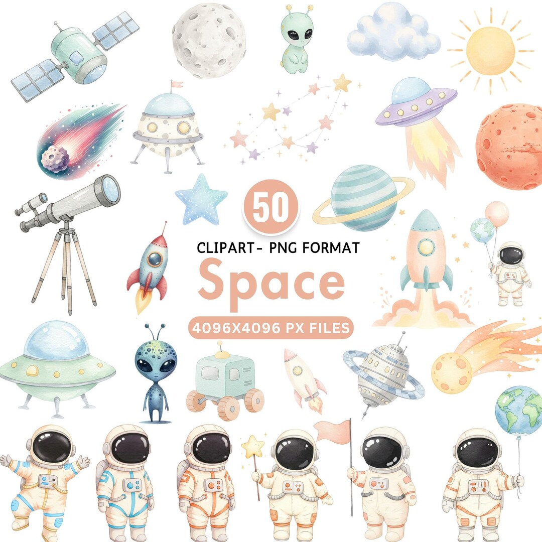 Cute Space Clipart, Watercolor Astronaut, Planets Rocket Moon PNG Alien ...