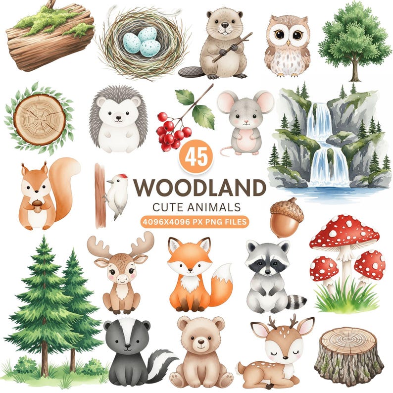 Cute Woodland Animal Clipart, Baby Animals Clipart, Watercolor Forest ...