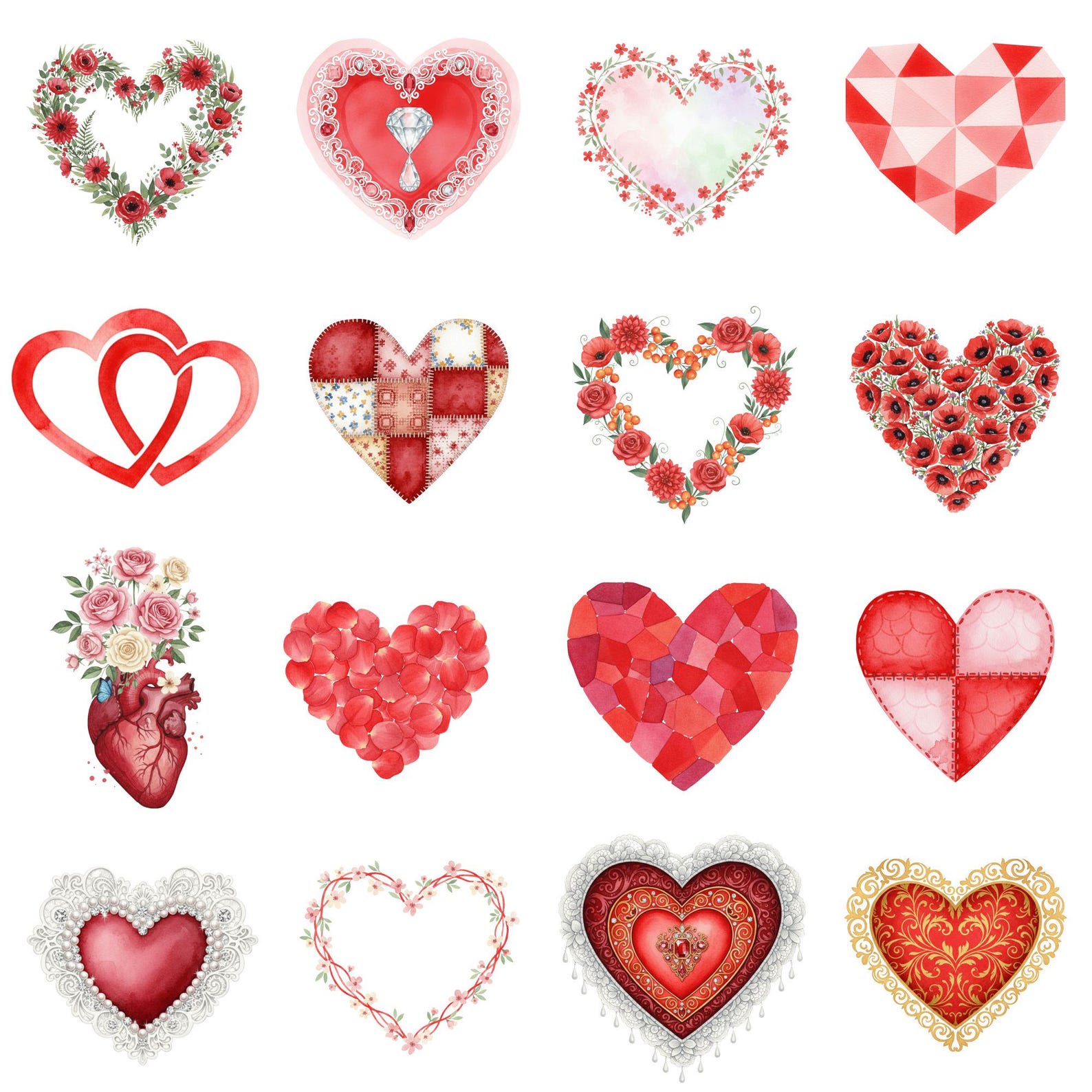 Valentine Hearts Clipart, Red Heart Clipart, Watercolor Love Clipart ...