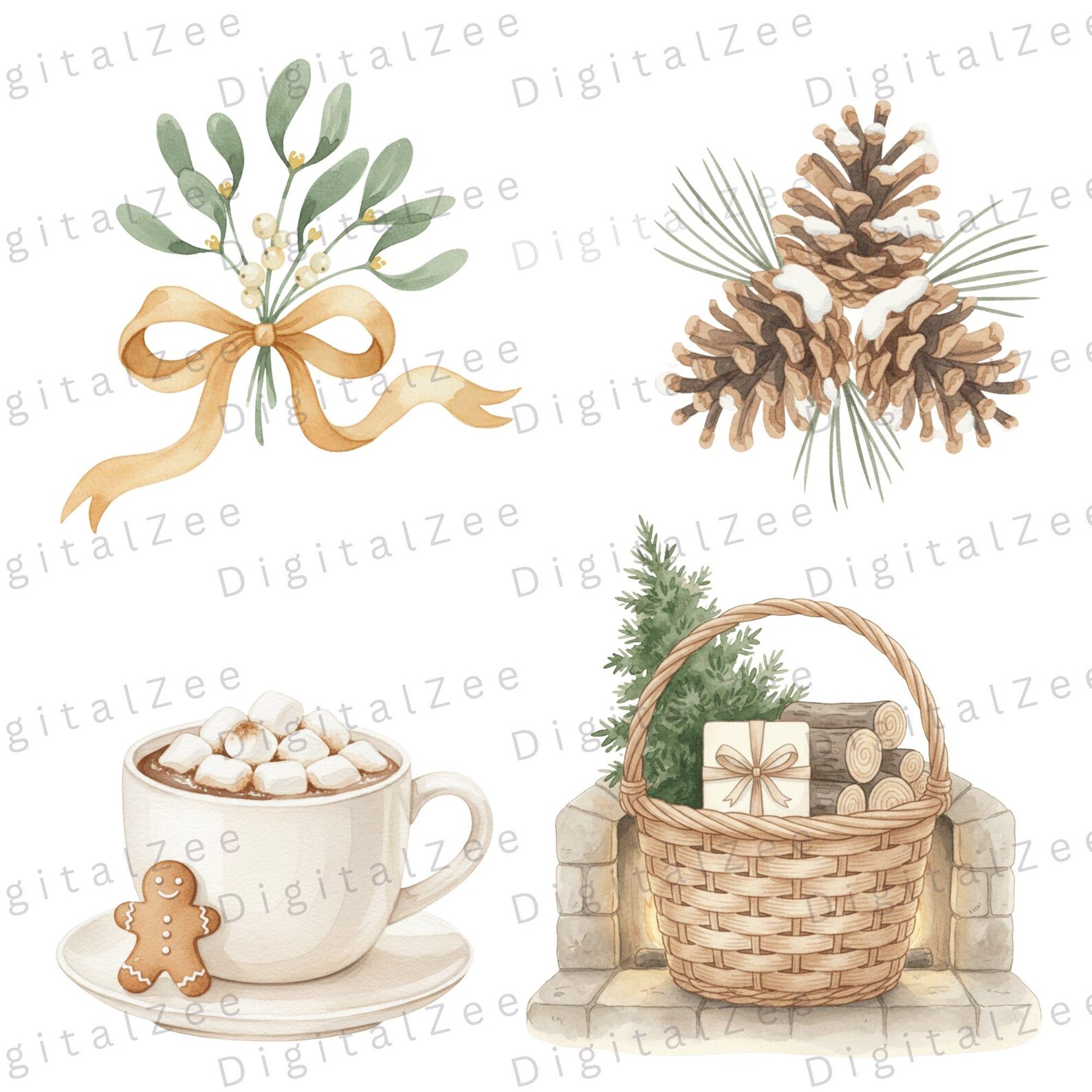 Neutral Christmas Clipart, Boho Christmas PNG, Watercolor Holiday ...