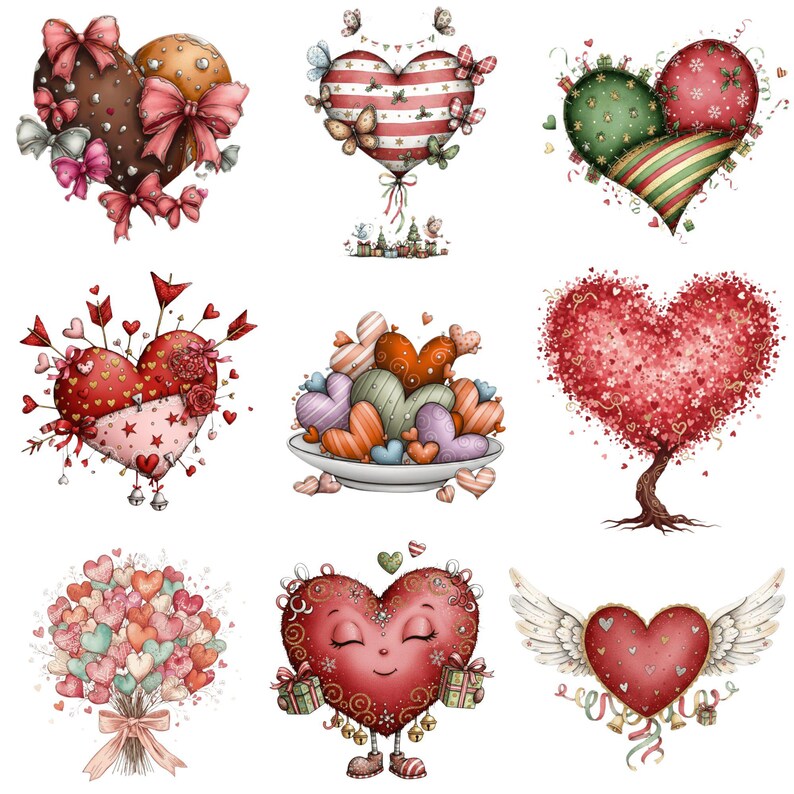 Whimsical Heart Clipart, Valentine Hearts PNG, Watercolor Valentines ...