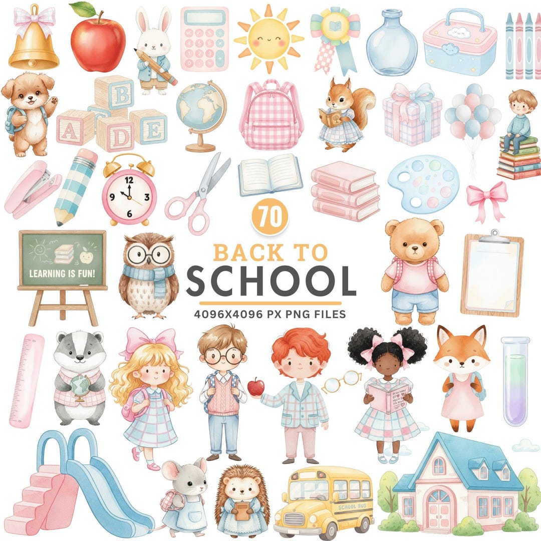 Back to School Clipart, Watercolor School Supplies PNG Bundle, Cute ...