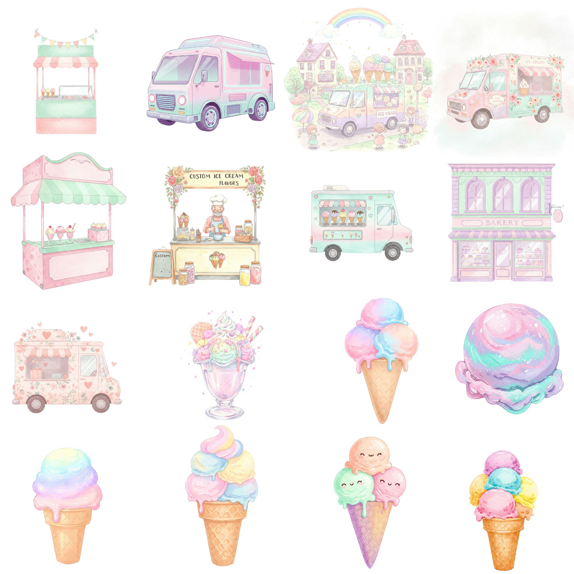 Ice Cream Cart Clipart, Watercolor Ice Cream Truck PNG, Pastel Ice ...