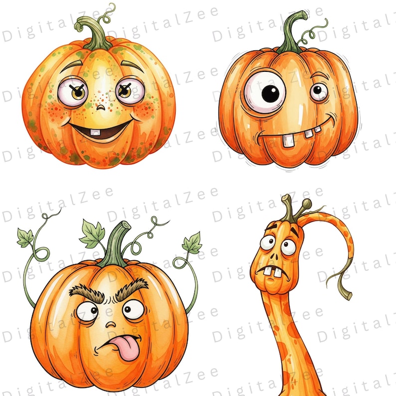 Quirky Halloween Pumpkin Clipart, Funny Jack-o-lantern PNG, Watercolor ...