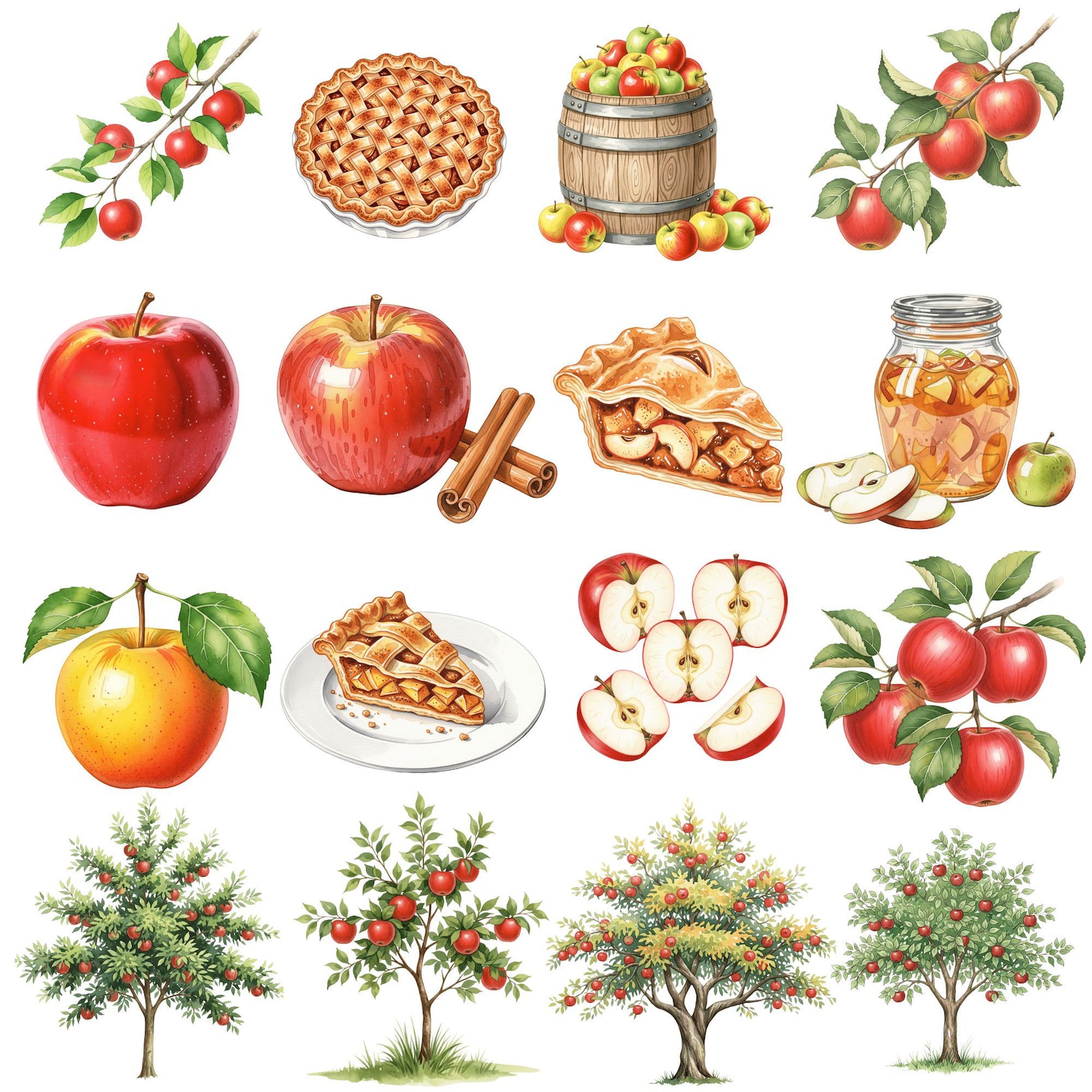 Watercolor Apple Clipart, Red and Green Apple PNG, Apple Tree Clipart ...