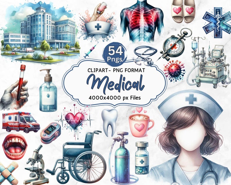 Watercolor Medical Clipart Bundle Healthcare Elements Clipart Doctor ...
