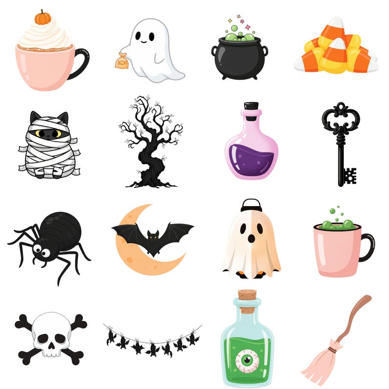 Cute Halloween Clipart, Kawaii Ghost PNG, Pumpkins Witches Bats Black ...