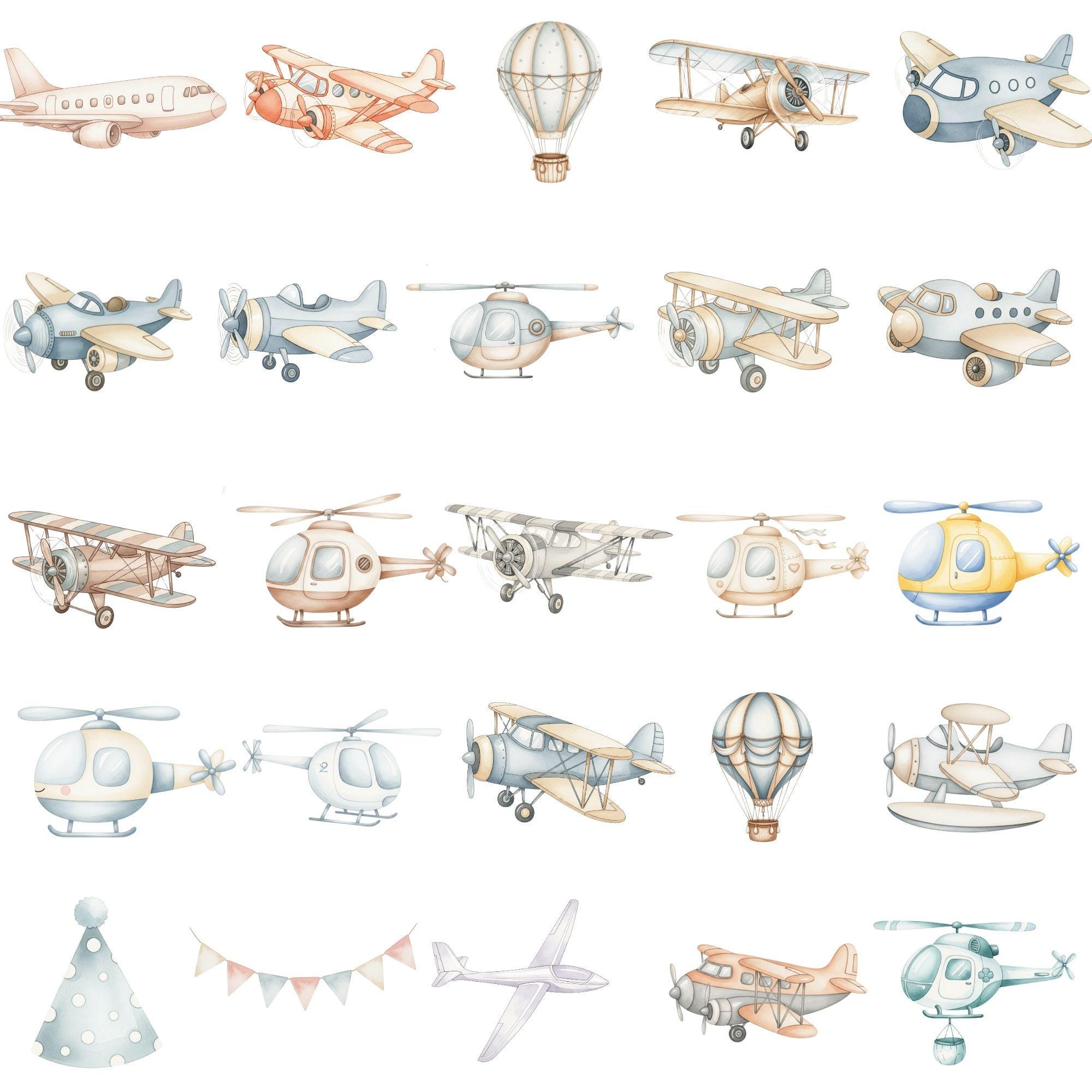 Watercolor Air Transport Clipart, Hot Air Balloon, Cute Airplane PNG ...