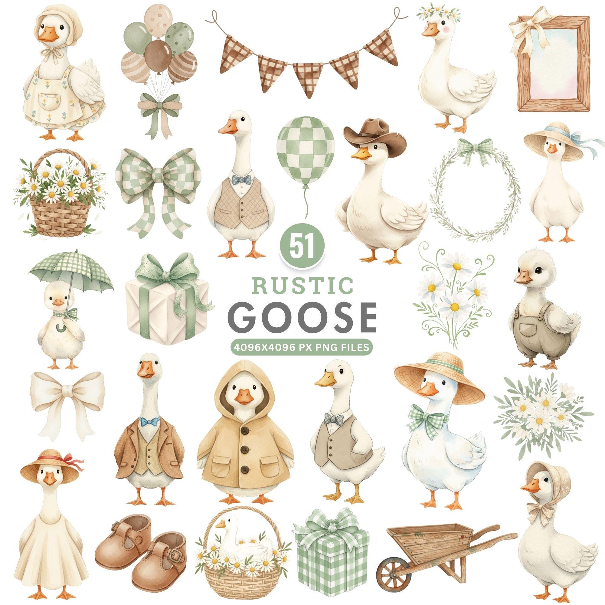 Rustic Goose Clipart, Watercolor Silly Goose PNG, Cute Animal Clipart ...