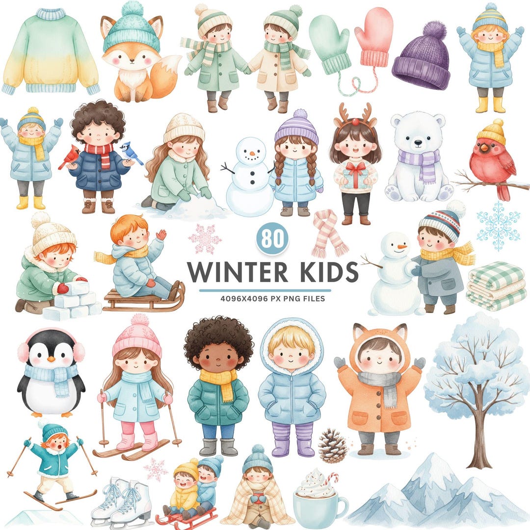 Winter Kids Clipart, Cute Winter Animals PNG, Watercolor Snowman ...