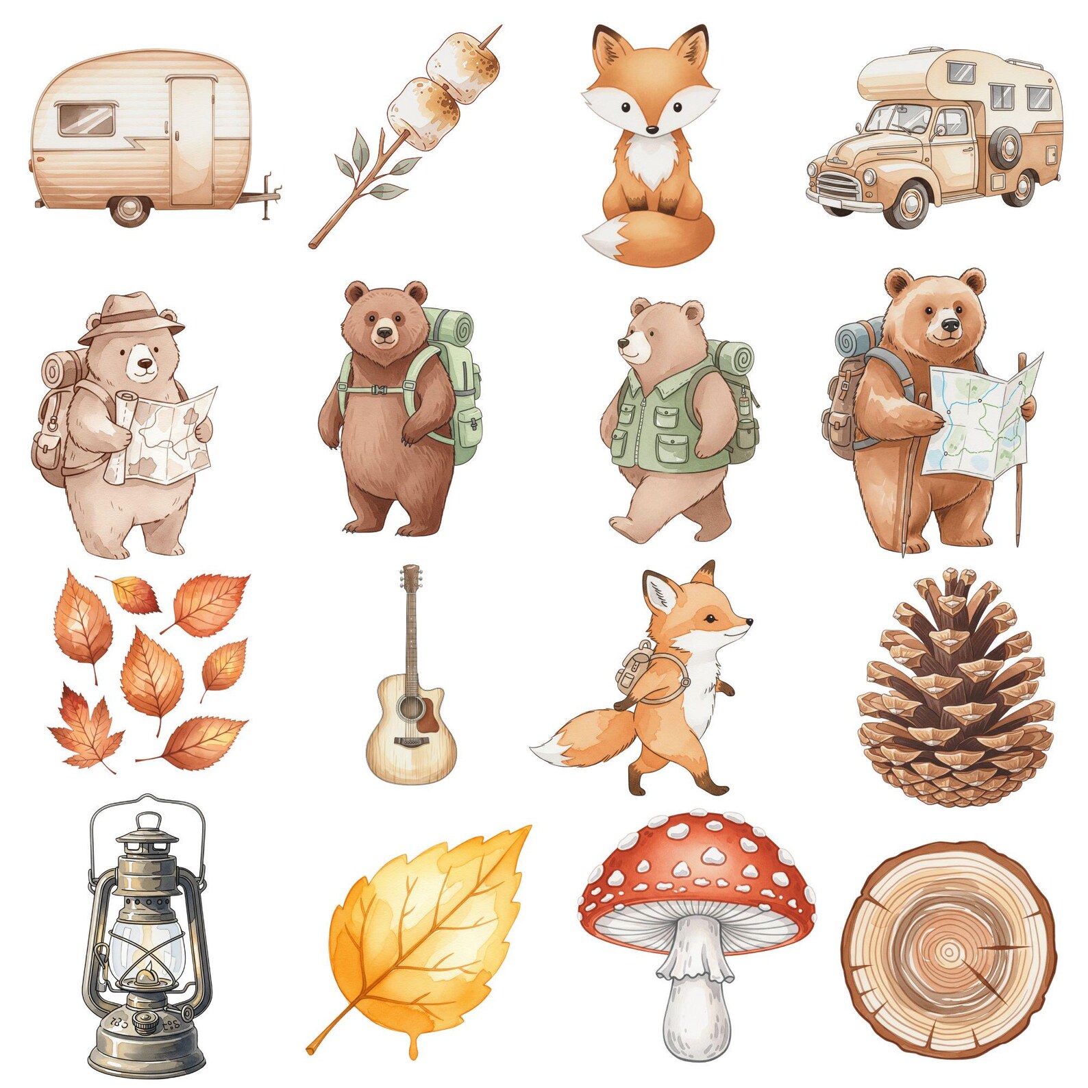 Watercolor Camping Clipart, Cute Camping Animals PNG, Woodland Bear Fox ...