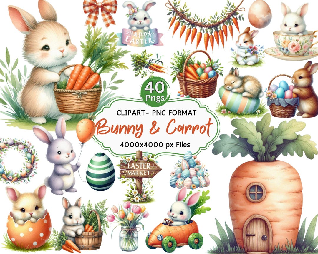 Cute Easter Bunny Carrot Clipart Bundle Cute Bunny Rabbit PNG Spring ...