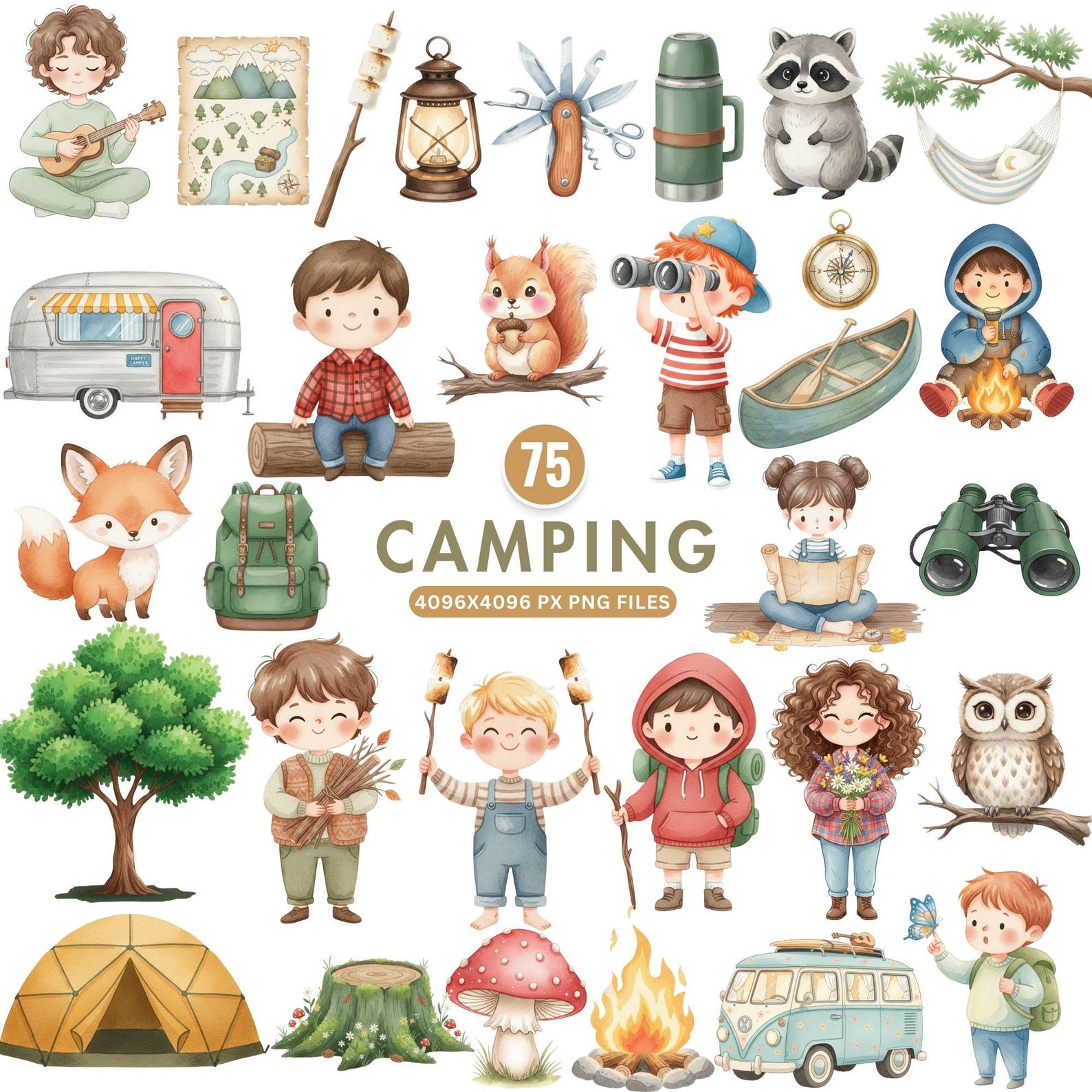 Cute Camping Clipart, Kids Camping PNG, Watercolor Woodland Bear and ...