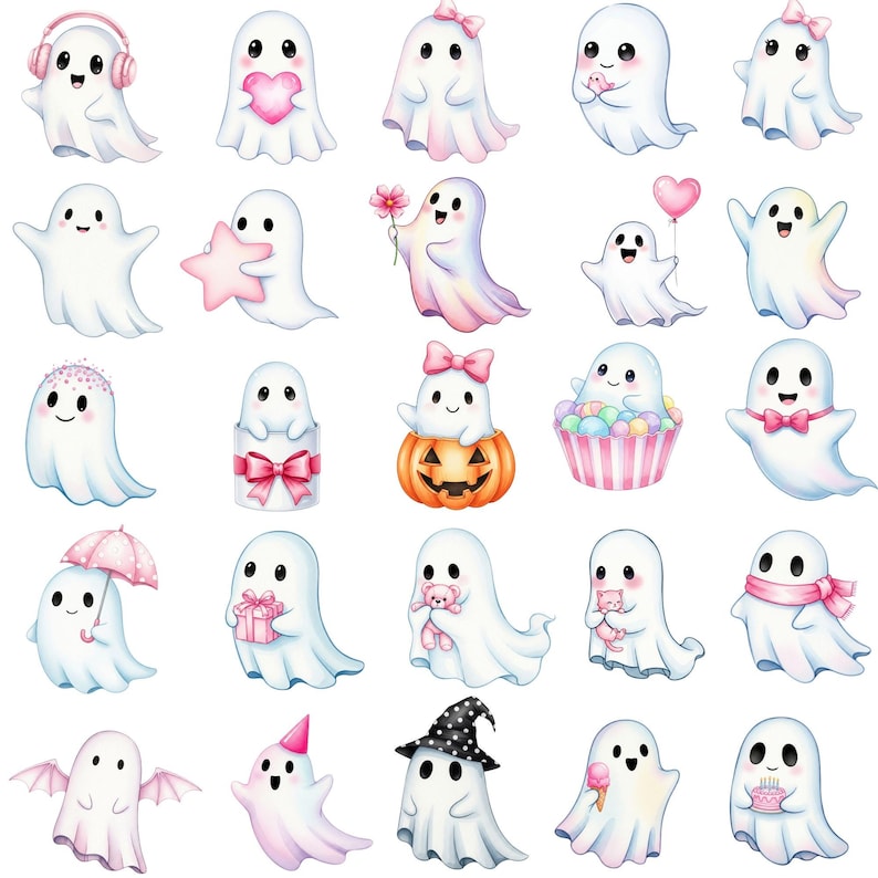 Pink Halloween Clipart, Cute Ghost PNG, Pastel Pumpkin Art, Kawaii ...