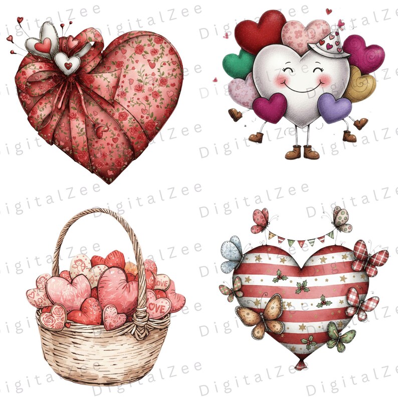 Whimsical Heart Clipart, Valentine Hearts PNG, Watercolor Valentines ...