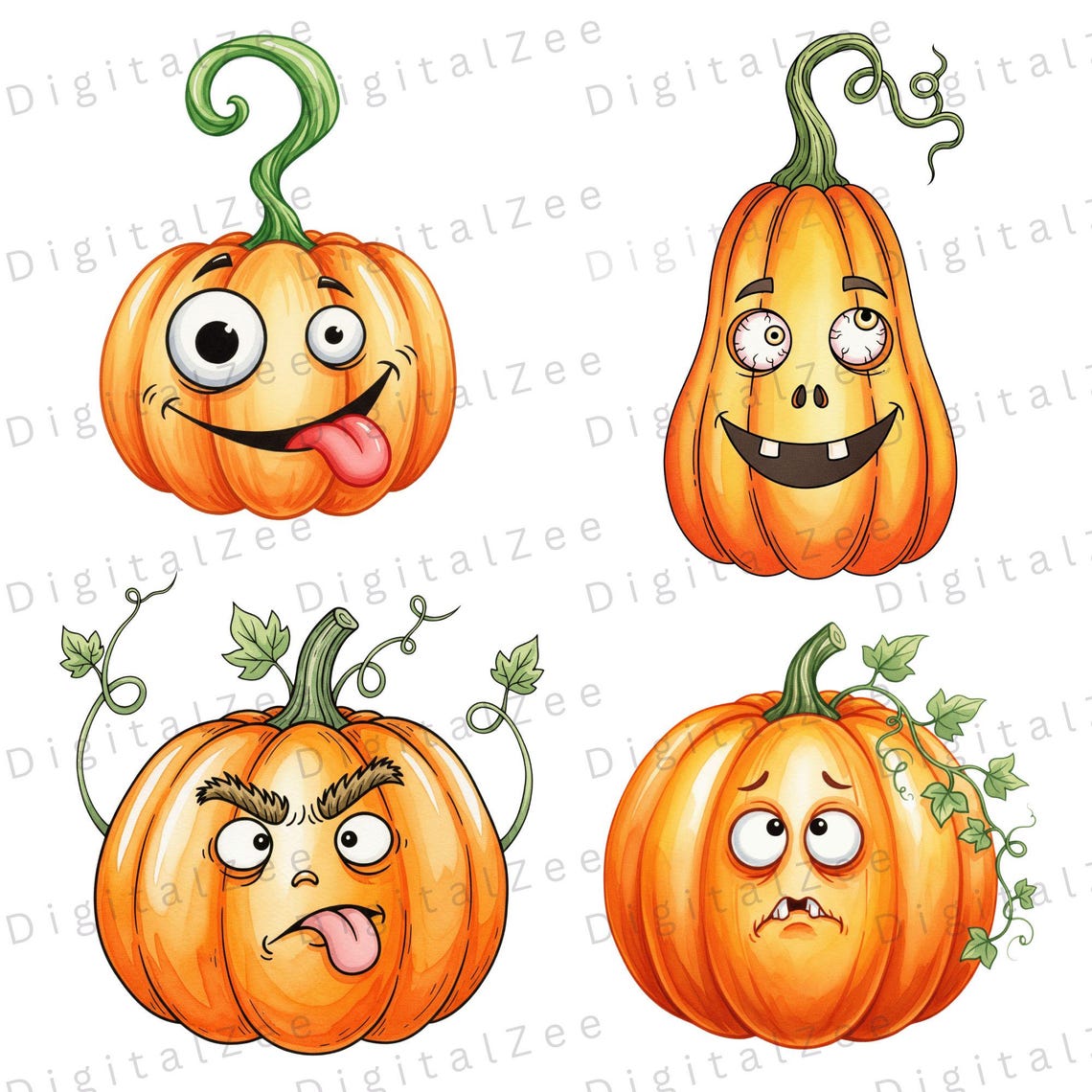Quirky Halloween Pumpkin Clipart, Funny Jack-o-lantern PNG, Watercolor ...