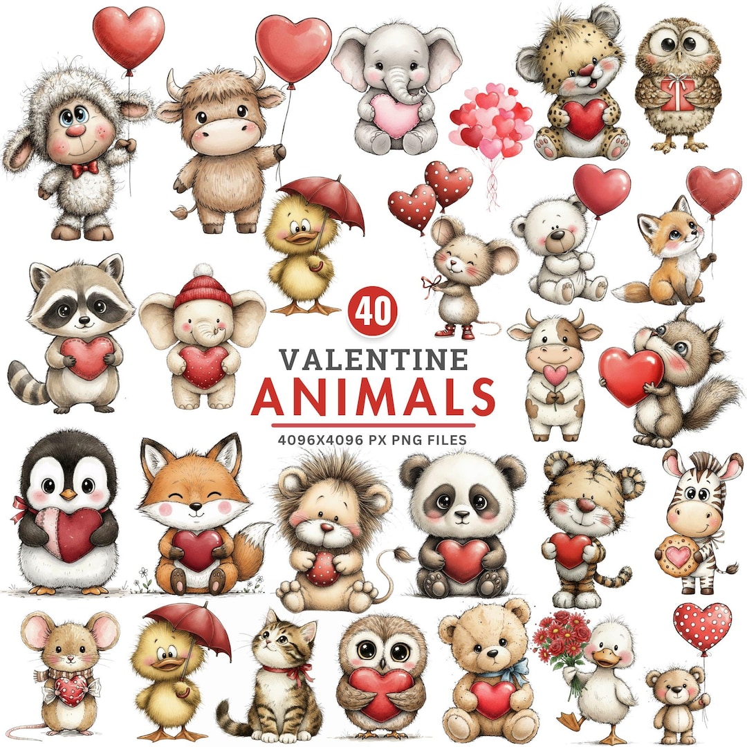 Valentine Animal Clipart, Watercolor Cute Animals PNG, Teddy Bear Bunny ...