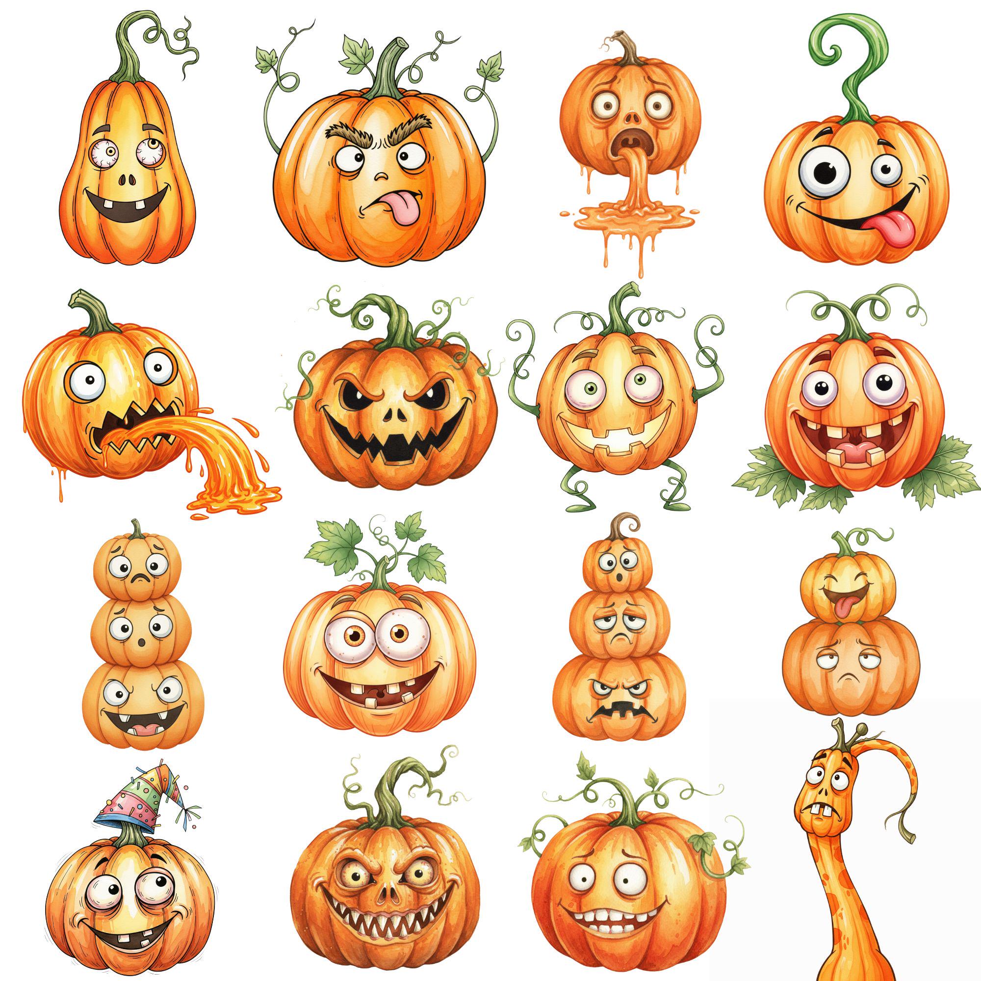 Quirky Halloween Pumpkin Clipart, Funny Jack-o-lantern PNG, Watercolor ...