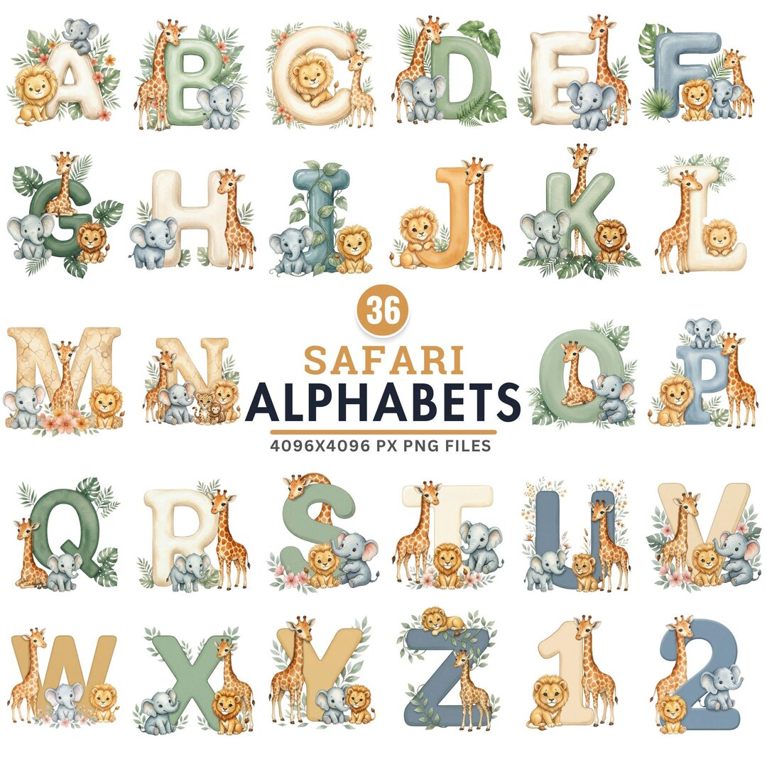 Safari Alphabet Clipart, Watercolor Jungle Animal Letters & Numbers ...