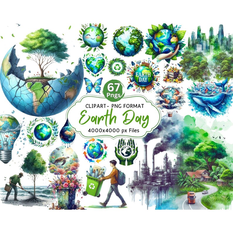 Watercolor Earth Day Clipart Eco-friendly Cliaparts for Commercial Use ...