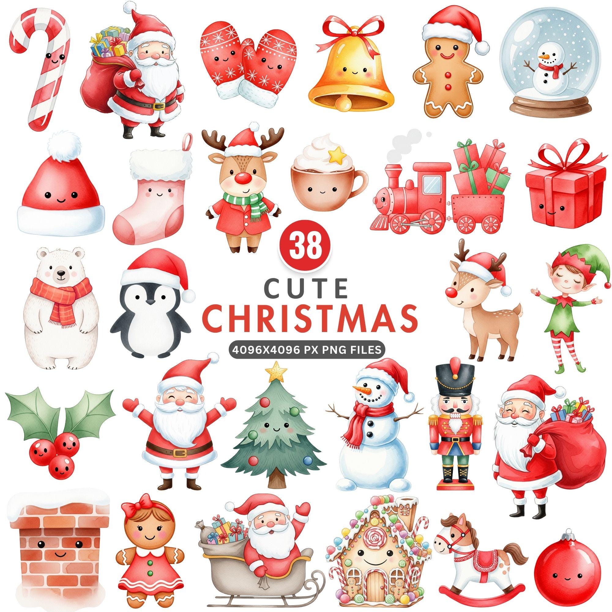 Cute Christmas Clipart, Kawaii Christmas PNG, Watercolor Santa ...