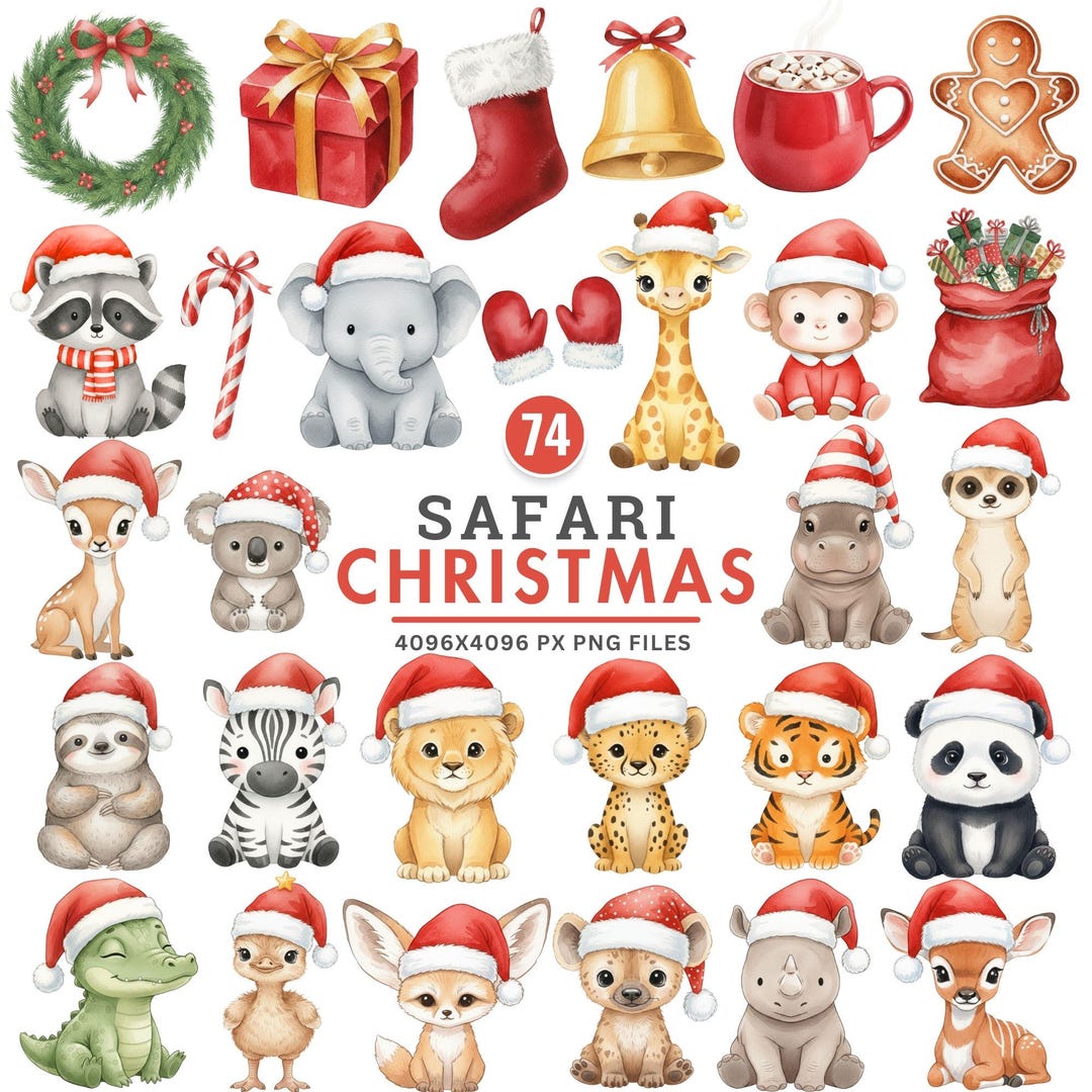 Safari Christmas Clipart, Watercolor Jungle Animals PNG, Animals in ...