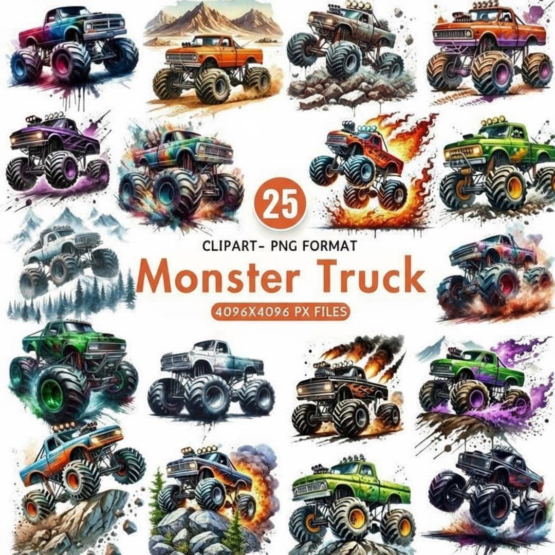 Monster Truck Clipart, Watercolor Truck PNG, Offroad Truck Sublimation ...