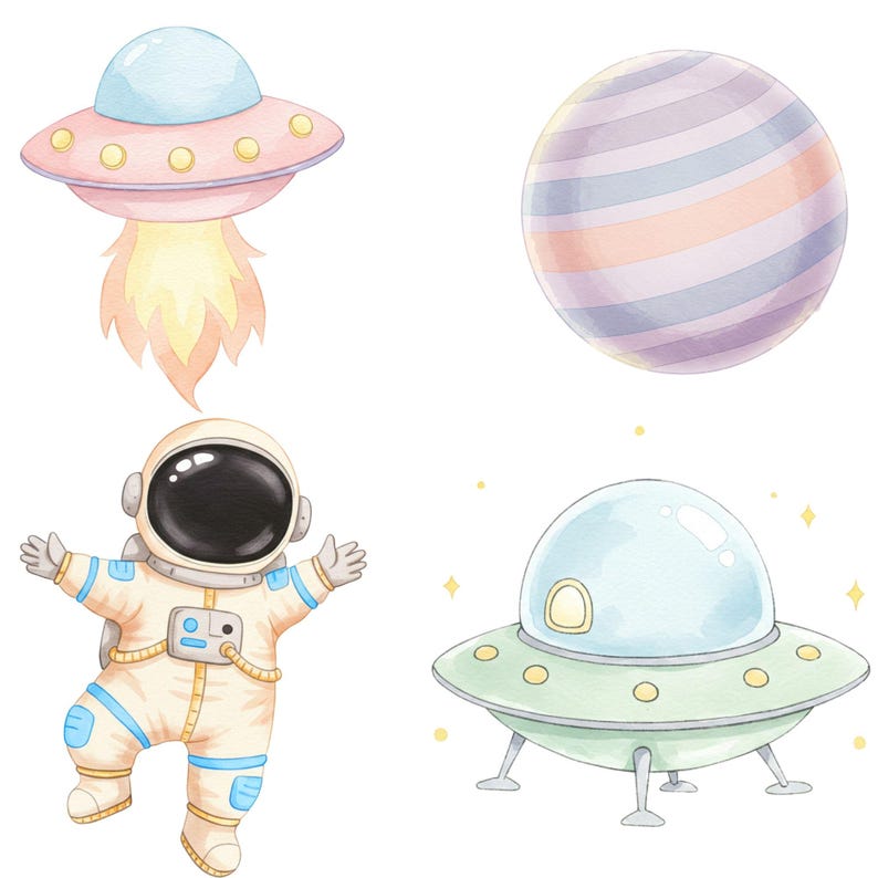 Cute Space Clipart, Watercolor Astronaut, Planets Rocket Moon PNG Alien ...