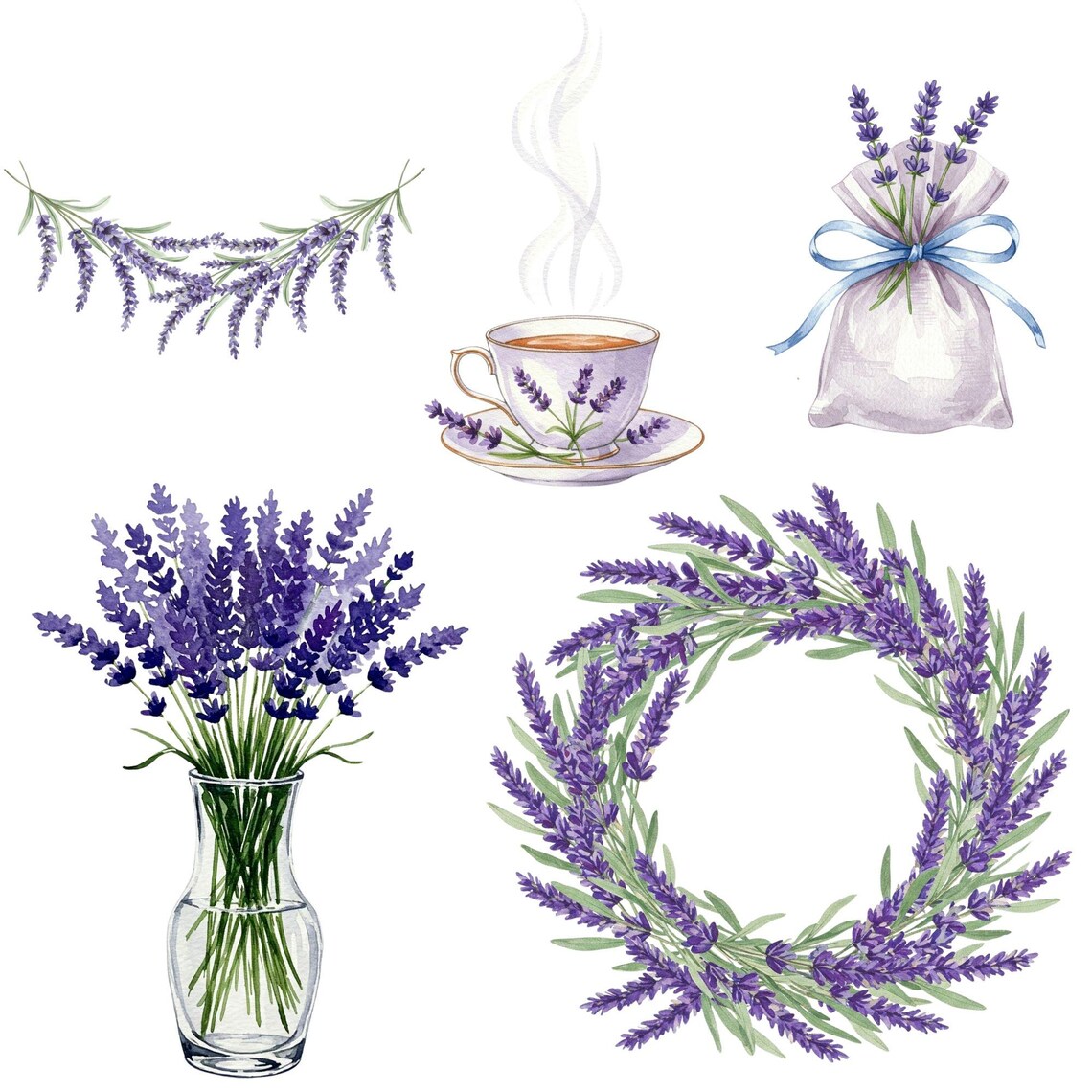 Watercolor Lavender Clipart, Purple Garden Flowers, Lavender Wreaths ...