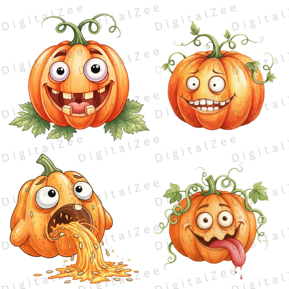 Quirky Halloween Pumpkin Clipart, Funny Jack-o-lantern PNG, Watercolor ...