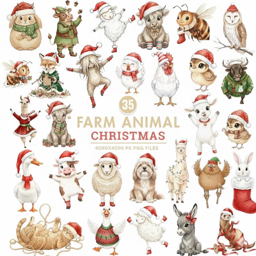 Christmas Farm Animals Clipart, Watercolor Woodland Animals PNG, Cute ...