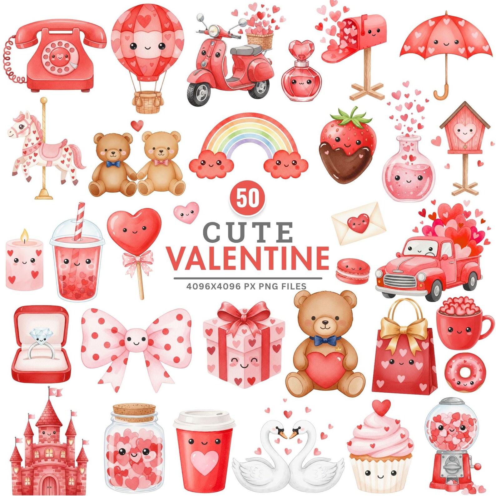 Cute Valentine Clipart, Watercolor Cute Valentine PNG, Kawaii Love ...