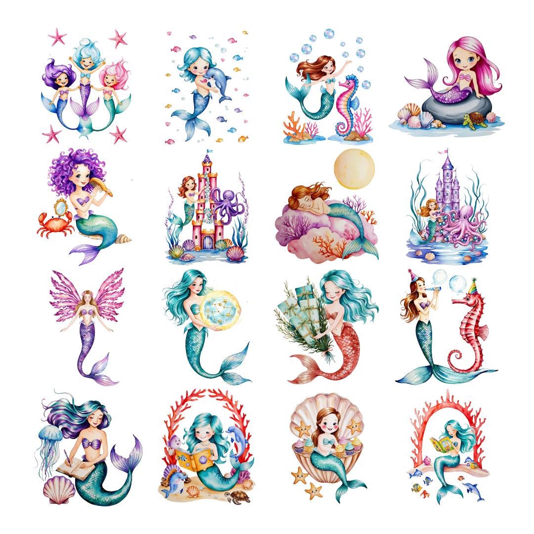 50 Png Watercolor Mermaid Clipart Bundle | Cute Mermaids and Ocean ...