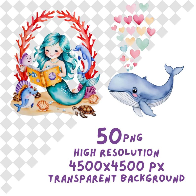 50 Png Watercolor Mermaid Clipart Bundle | Cute Mermaids and Ocean ...