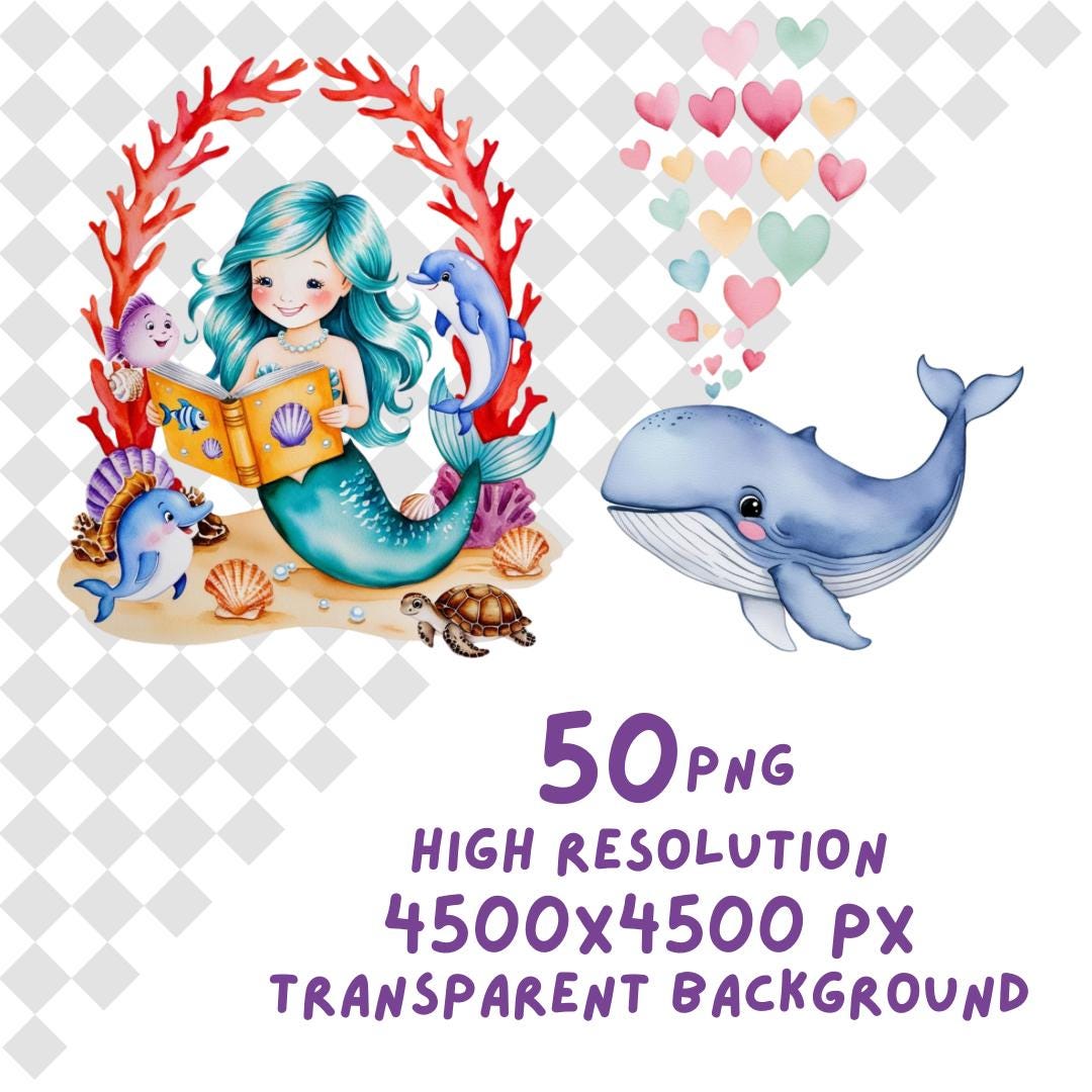 50 Png Watercolor Mermaid Clipart Bundle | Cute Mermaids and Ocean ...