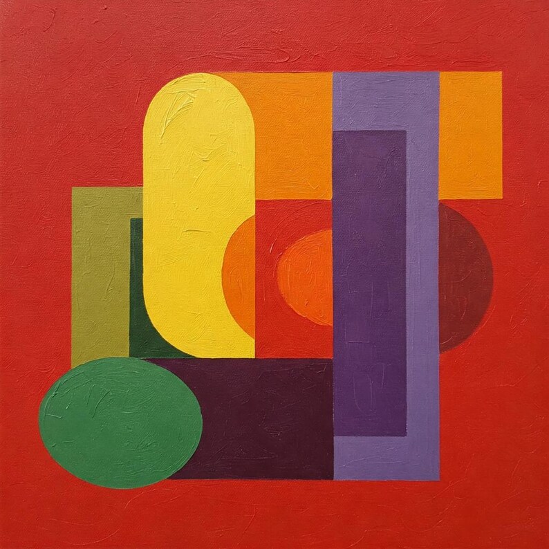 Vibrant Abstract Geometric Shapes Art Print, Bold Red Background Color ...