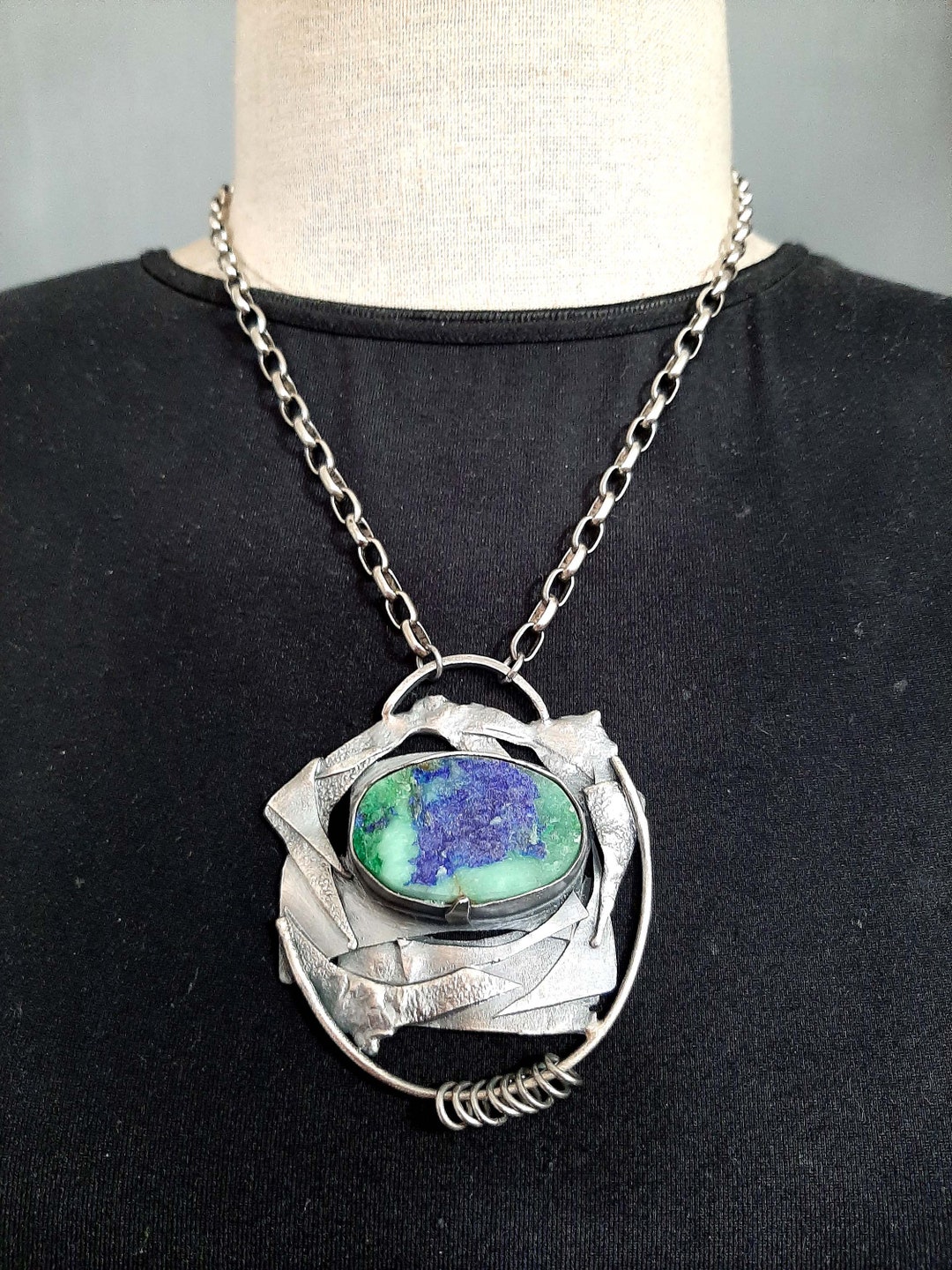 Lovely Artisan Modernist Oxidized Raw Sterling Silver & Azurite Druzy ...