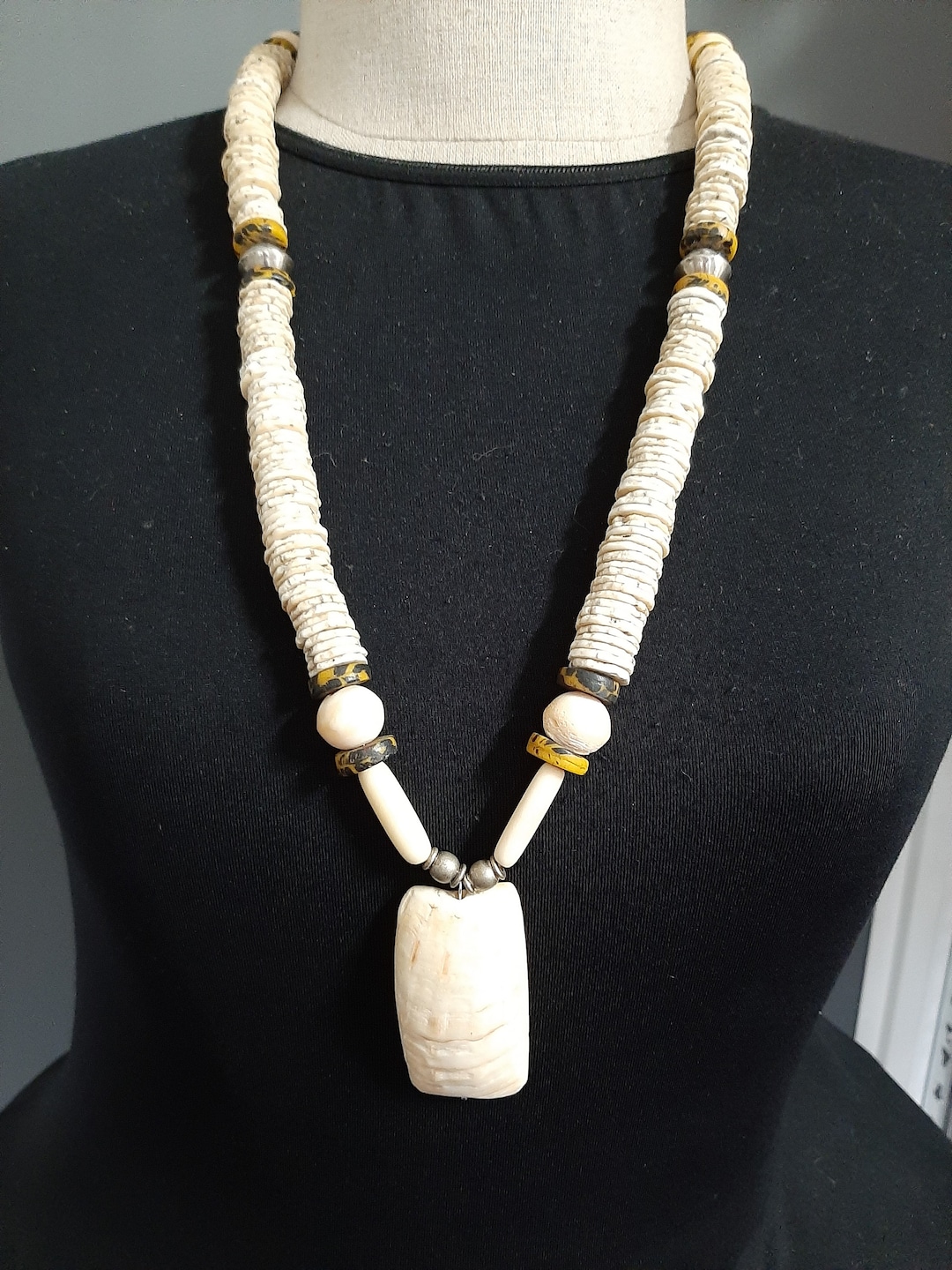 Vintage African Ostrich and Arca Shell hippo Tooth Amulet Pendant, Bone ...