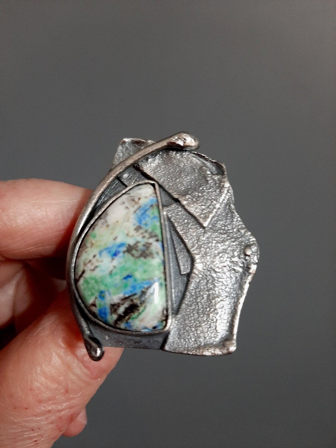 Azurite Ring, Oxidized Sterling Silver Modernist, Artisan, Brutalist ...