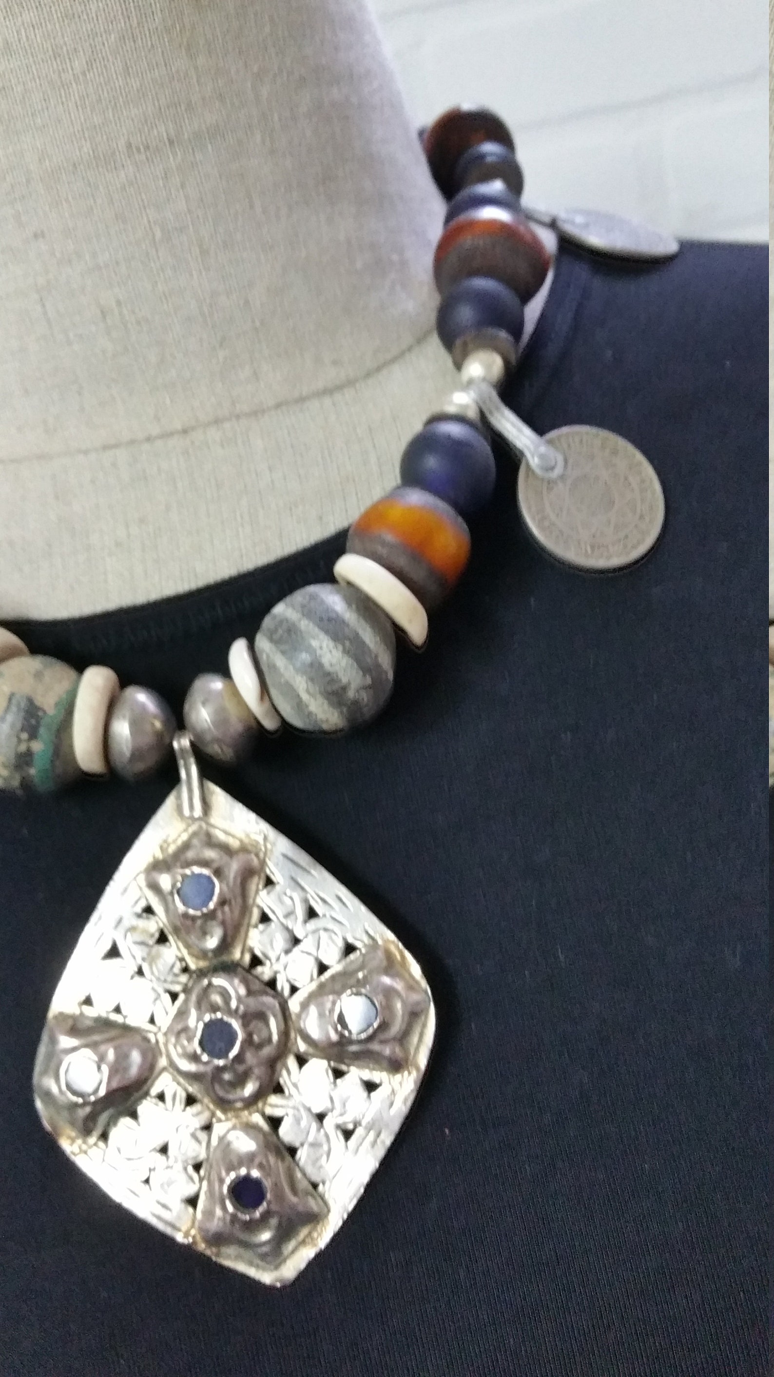 African Moroccan Berber Resin Amber Bead Old Coins Necklace - Etsy