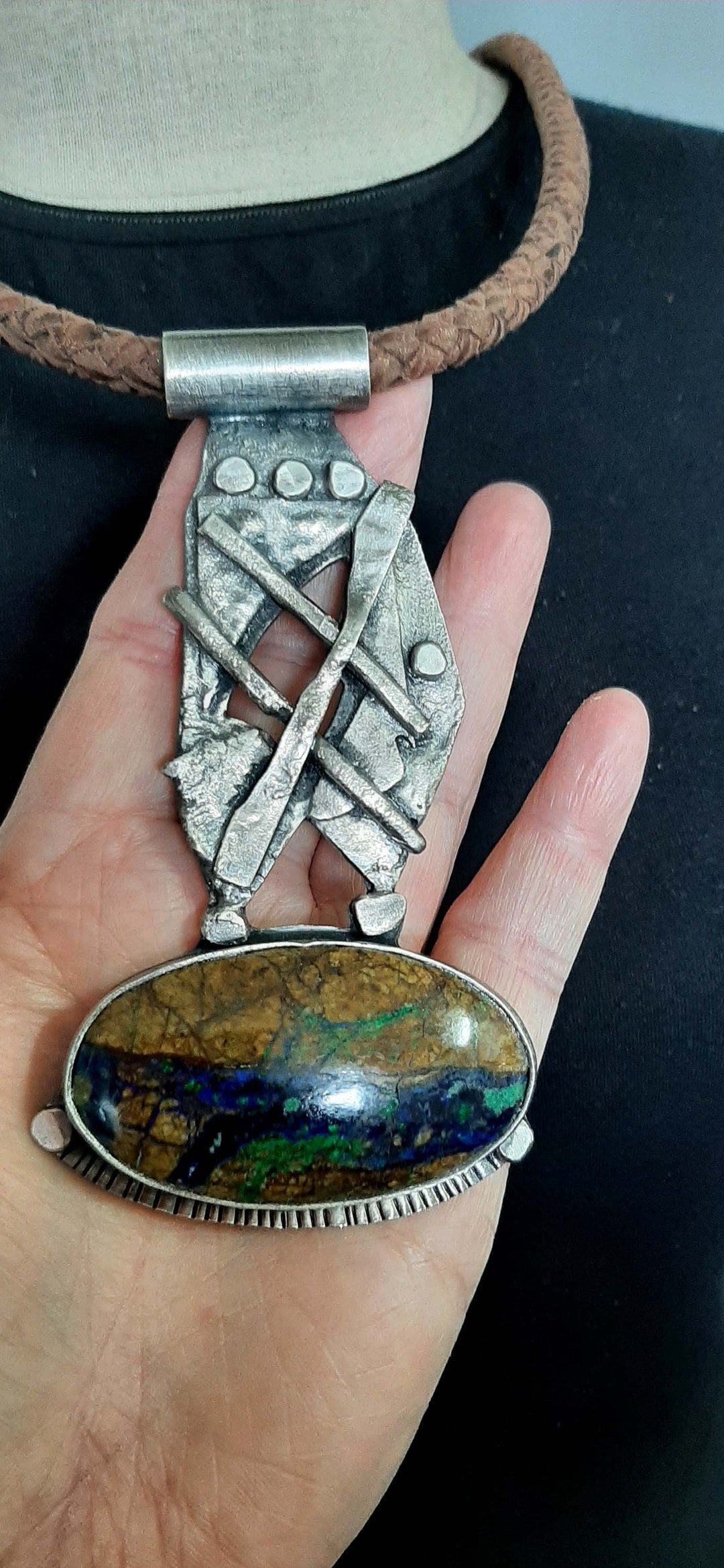 Lovely Artisan Modernist Oxidized Raw Sterling Silver Pendant With ...