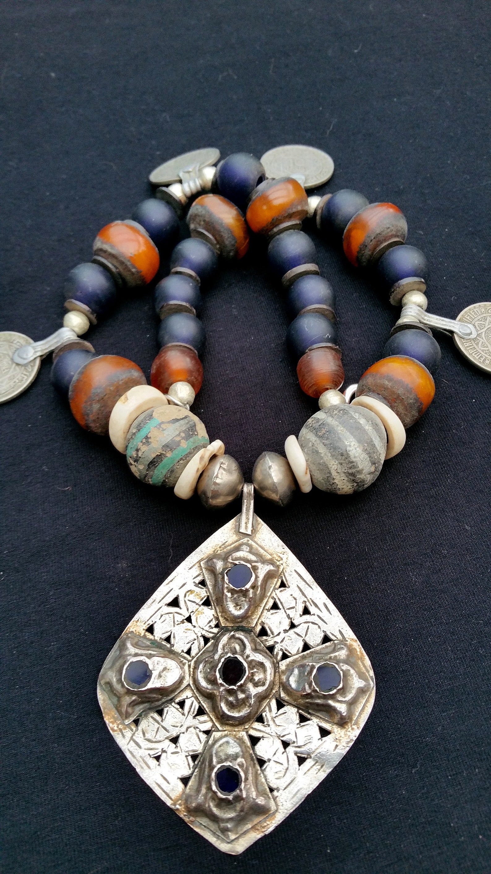 African Moroccan Berber Resin Amber Bead Old Coins Necklace - Etsy