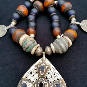 African Moroccan Berber Resin Amber Bead, Old Coins Necklace and Silver ...
