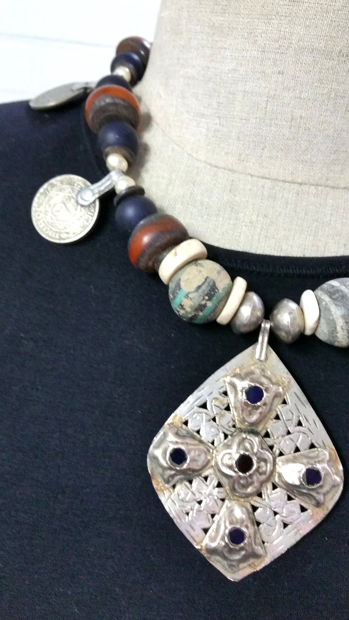 African Moroccan Berber Resin Amber Bead Old Coins Necklace - Etsy