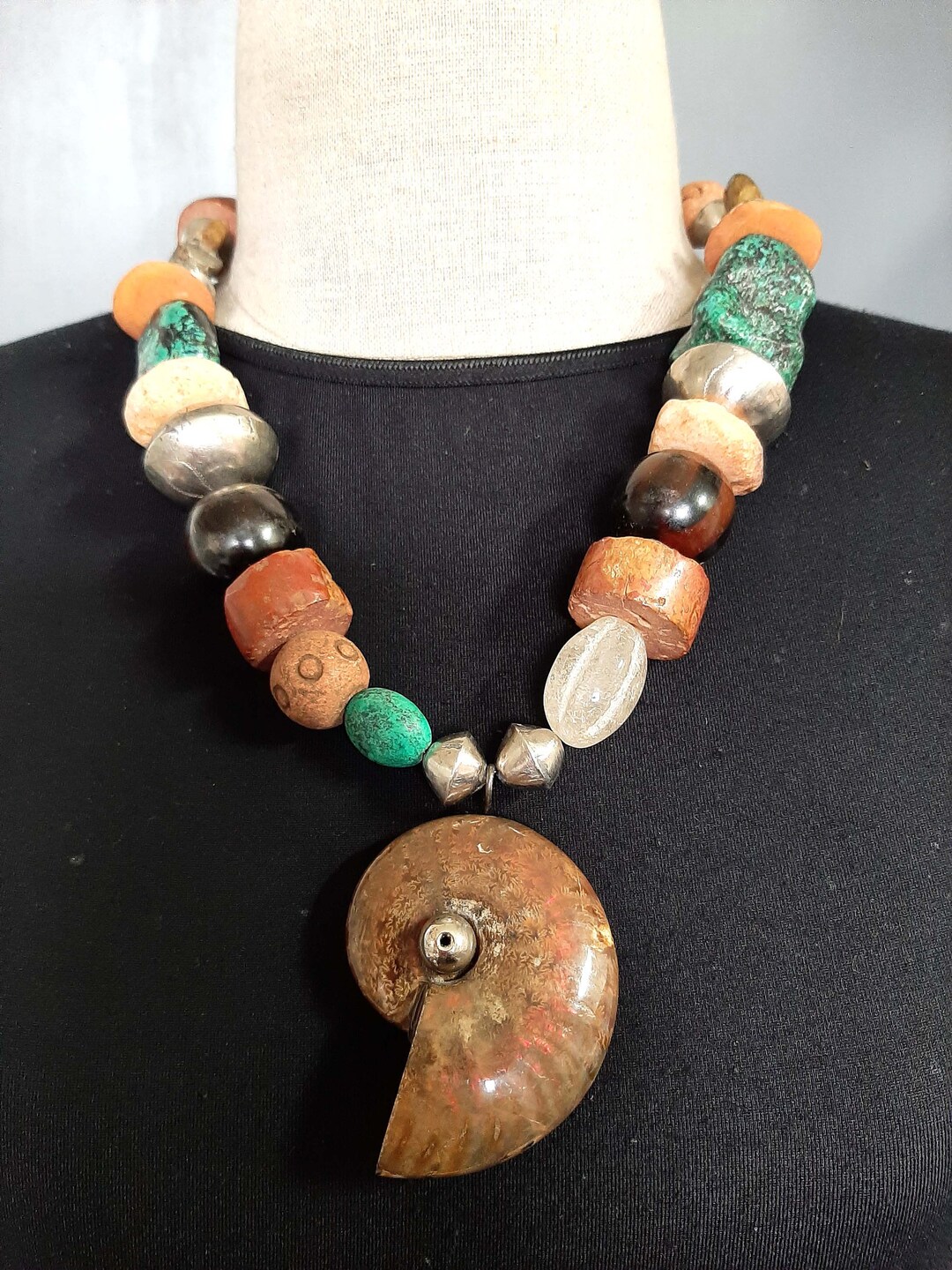 Vintage Ammonite Pendant Necklace: Turquoise, Crystal, Quartz & Silver ...