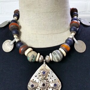 African Moroccan Berber Resin Amber Bead, Old Coins Necklace and Silver ...
